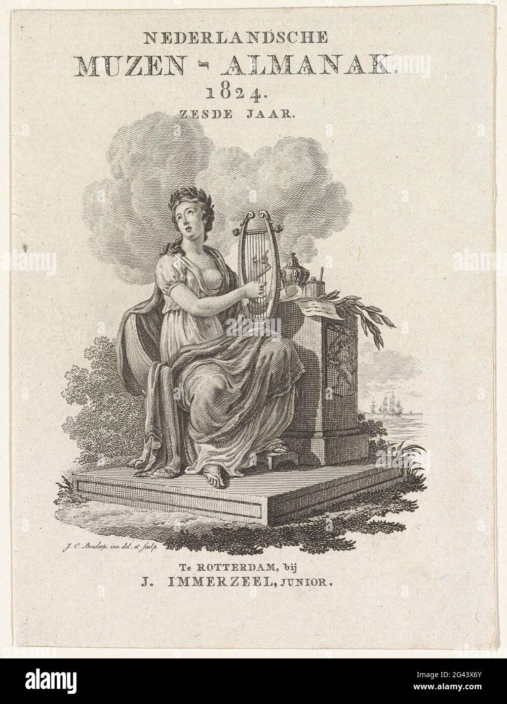 Page de titre de: Nederlandsche Muzen-Almanak 1824. Muze with Lier se ...