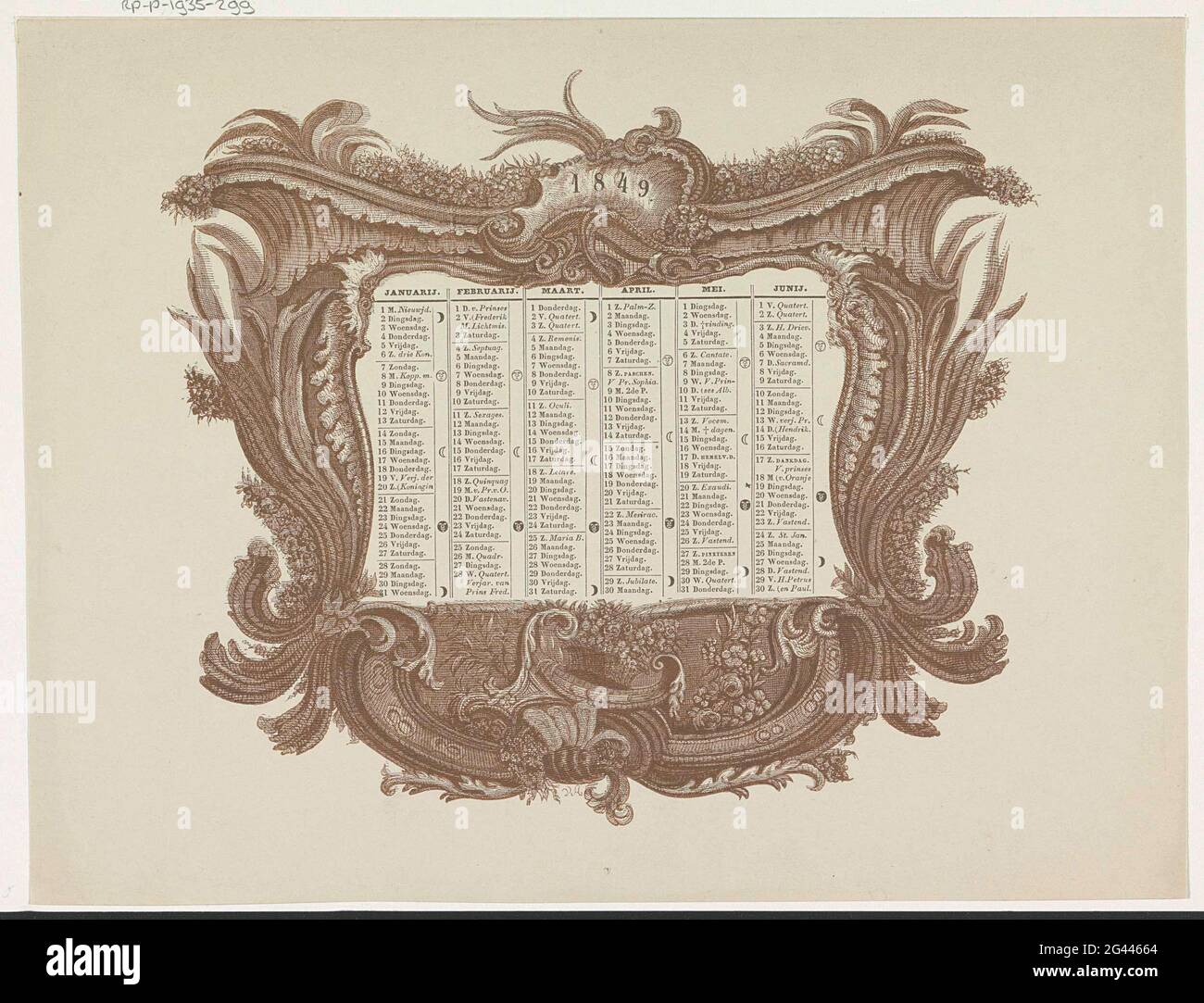 Calendrier pour 1849. Les six premiers mois de l'année avec les jours ...