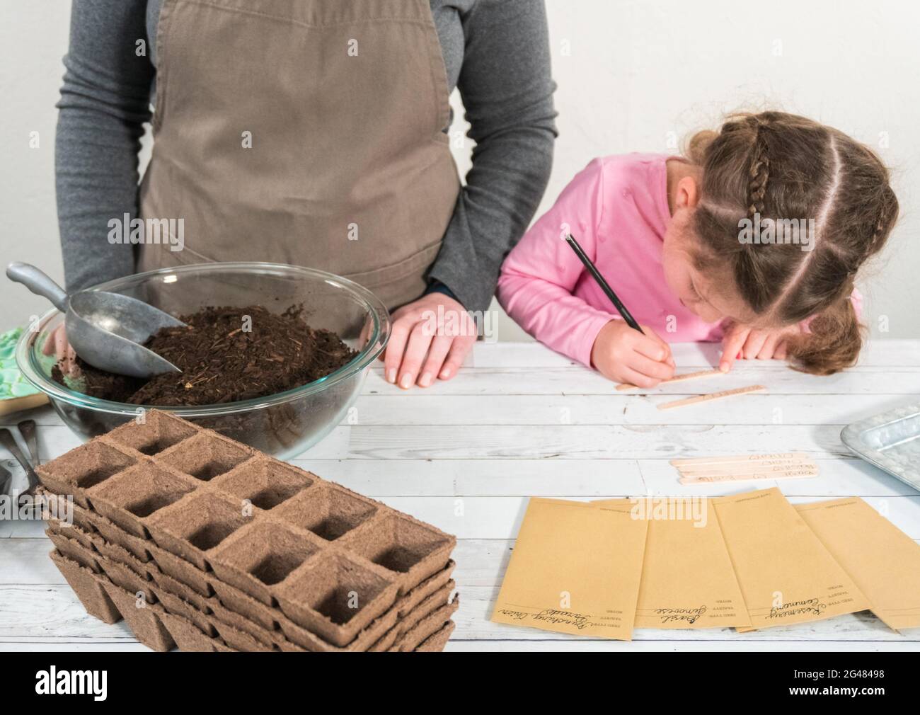 Petite fille plantant des graines dans des pots de mousse de tourbe ...