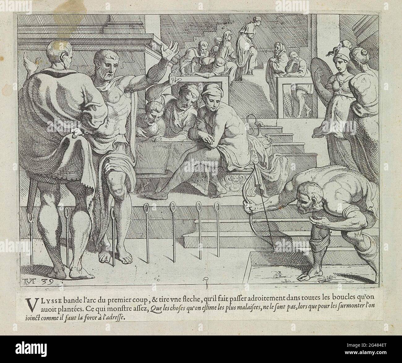 Odysseus tire la flèche à travers les douze anneaux; les travaux d ...