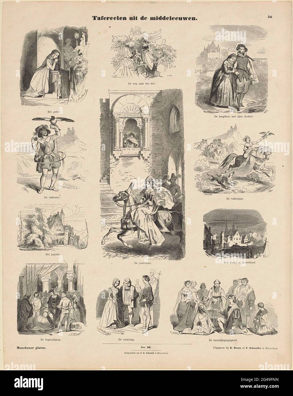 Tangeelen du Moyen-âge; plaques Munchener. Feuille avec 11 scènes ...