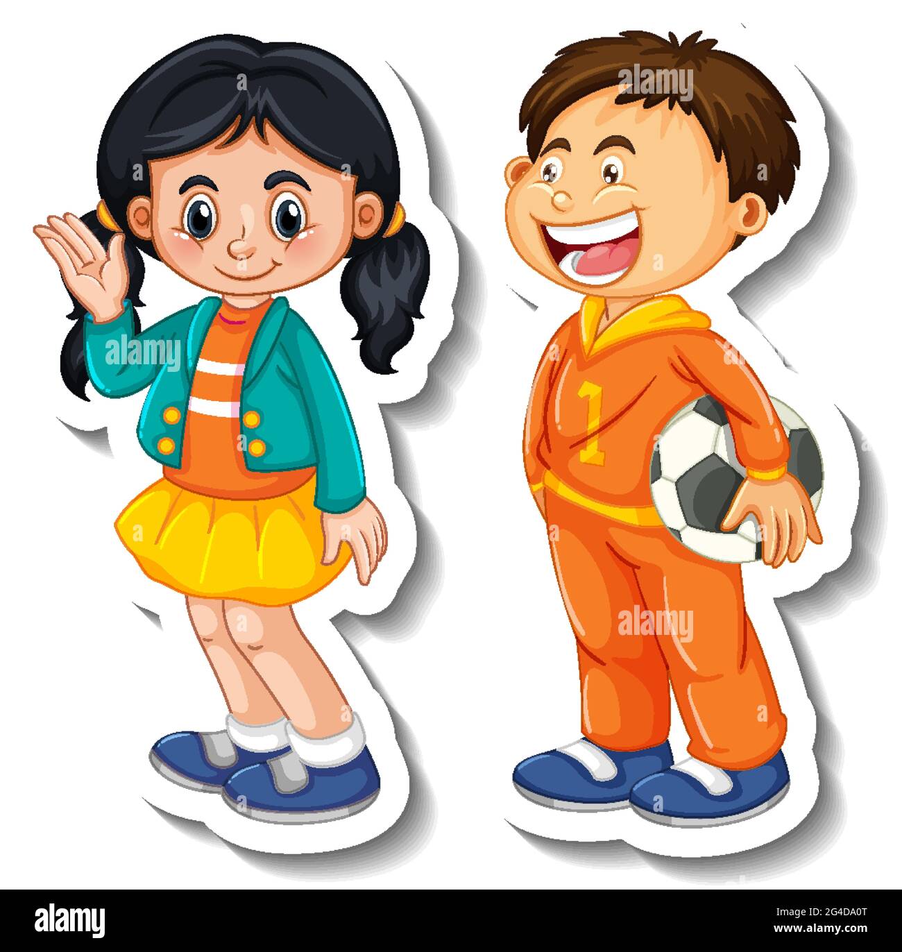 Modèle d'autocollant avec deux enfants élèves dessin animé personnage ...