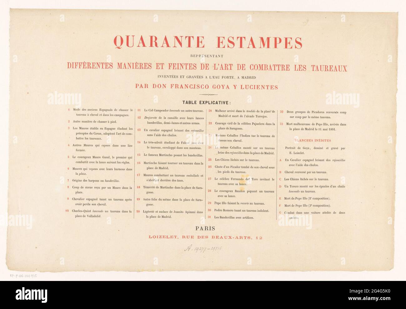 Table des matières de la série la Taoromaquia; Quarante estampes ...