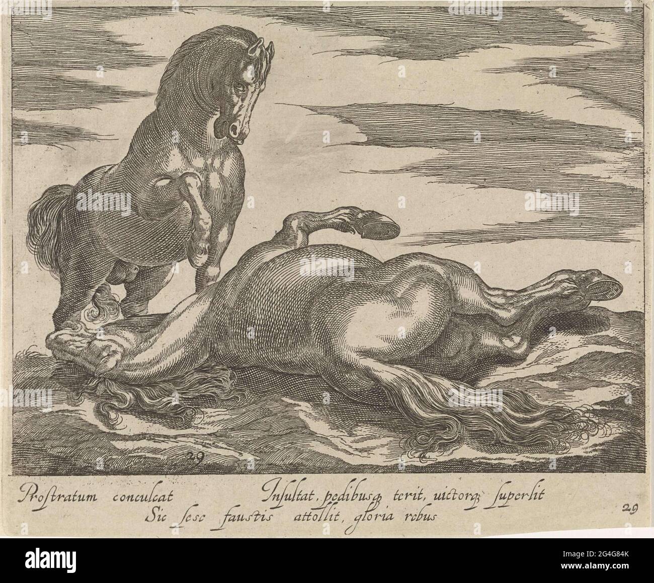 . Paysage avec un cheval épuisé au premier plan, allongé sur son dos ...