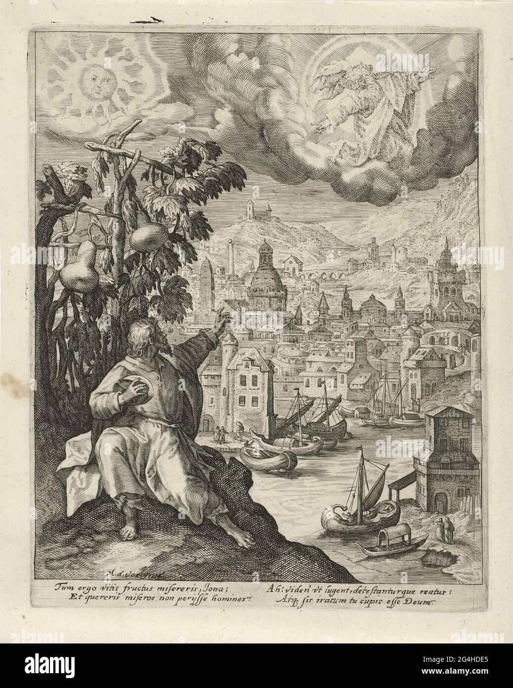 . Jonas est assis sur un rocher au-dessus de la ville de Ninive et ...