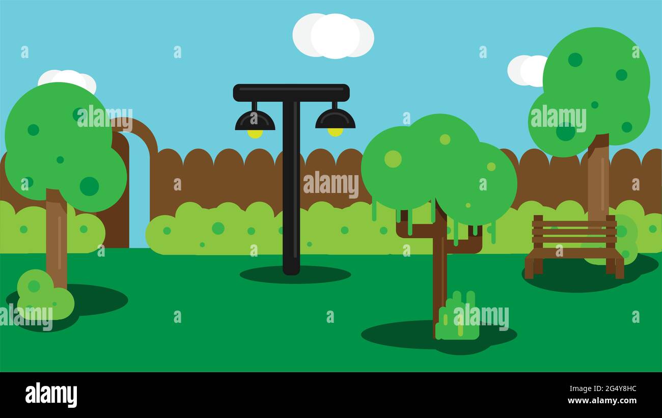 Parc municipal avec arbres verts, banc, buissons et lanterne. Parc de la ville paysage nature ...