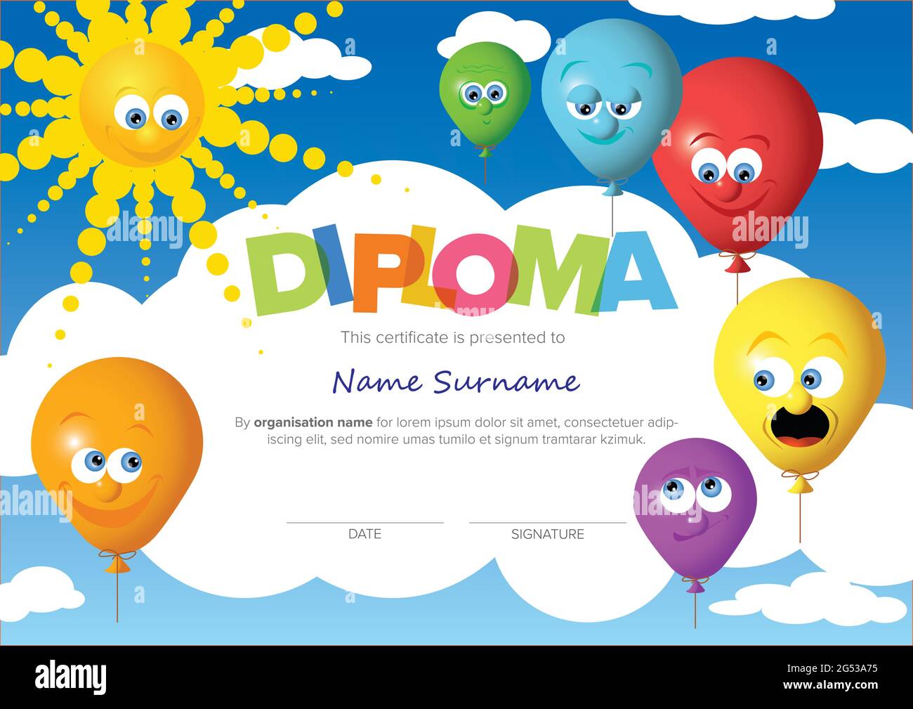 Modèle de certificat de diplôme d'enfant coloré avec ballons de couleur ...