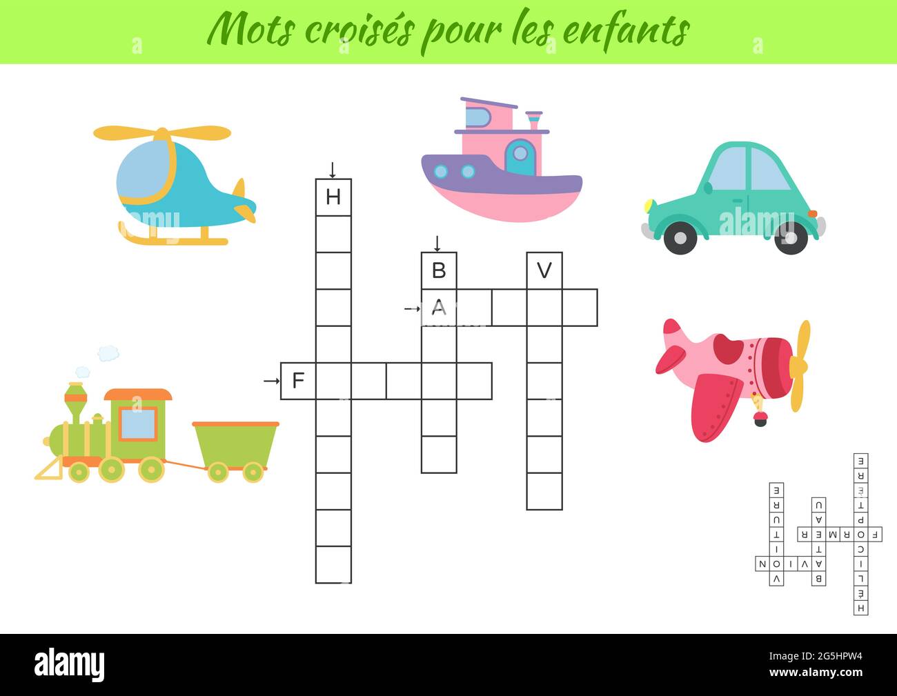 Mots croisés pour les enfants en français avec des photos de transport ...