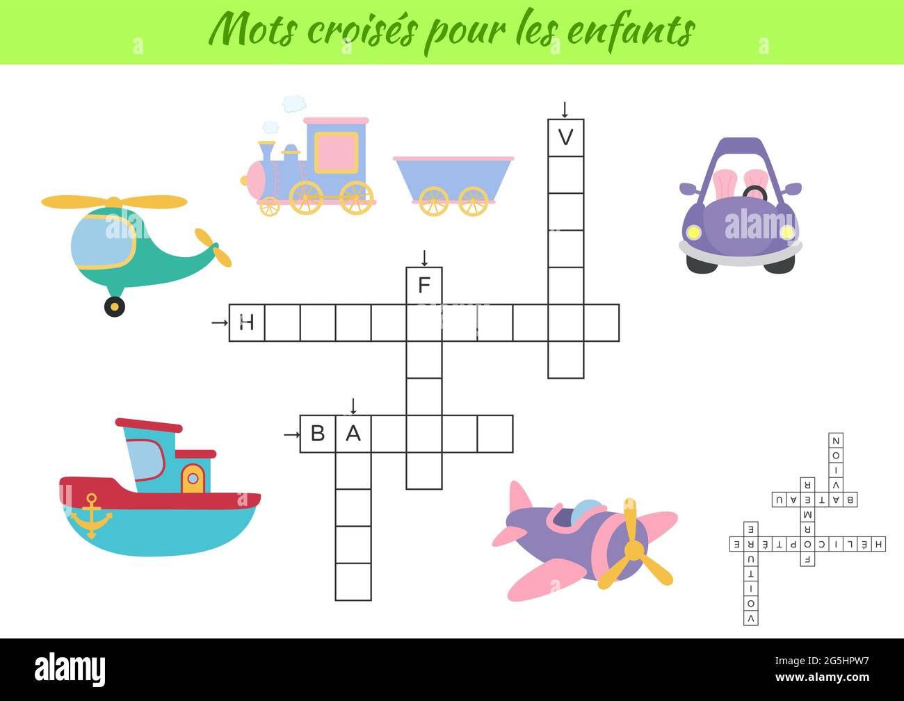Mots croisés pour les enfants en français avec des photos de transport ...
