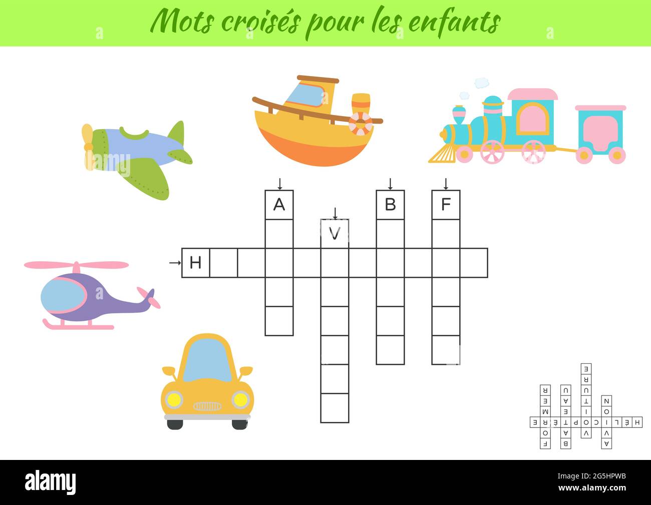 Mots croisés pour les enfants en français avec des photos de transport ...