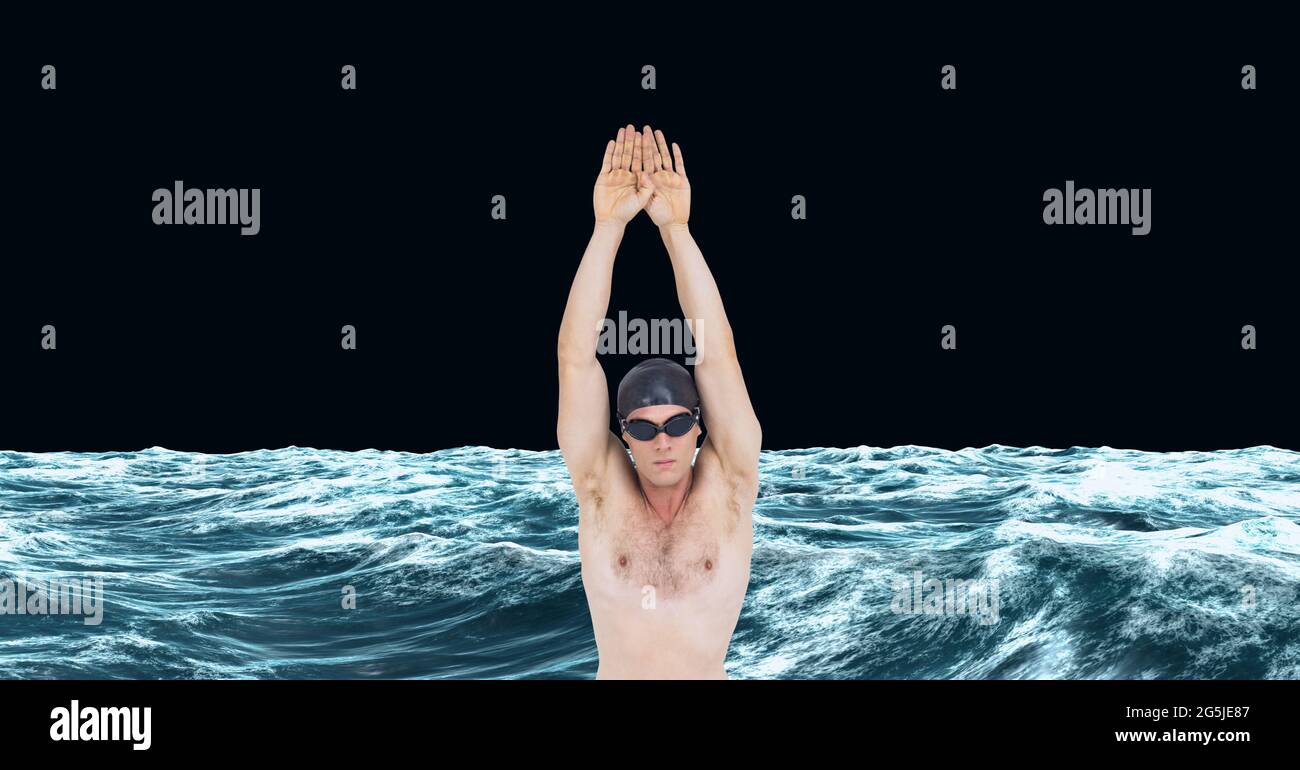 Composition d'un nageur homme sautant dans l'eau sur fond noir Photo ...