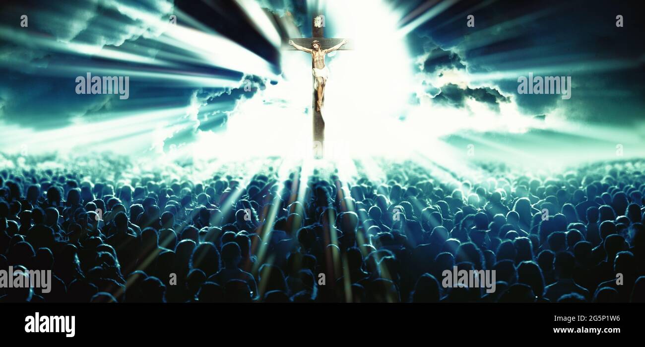 Illustration avec la croix du christ et les croyants du peuple.religion ...