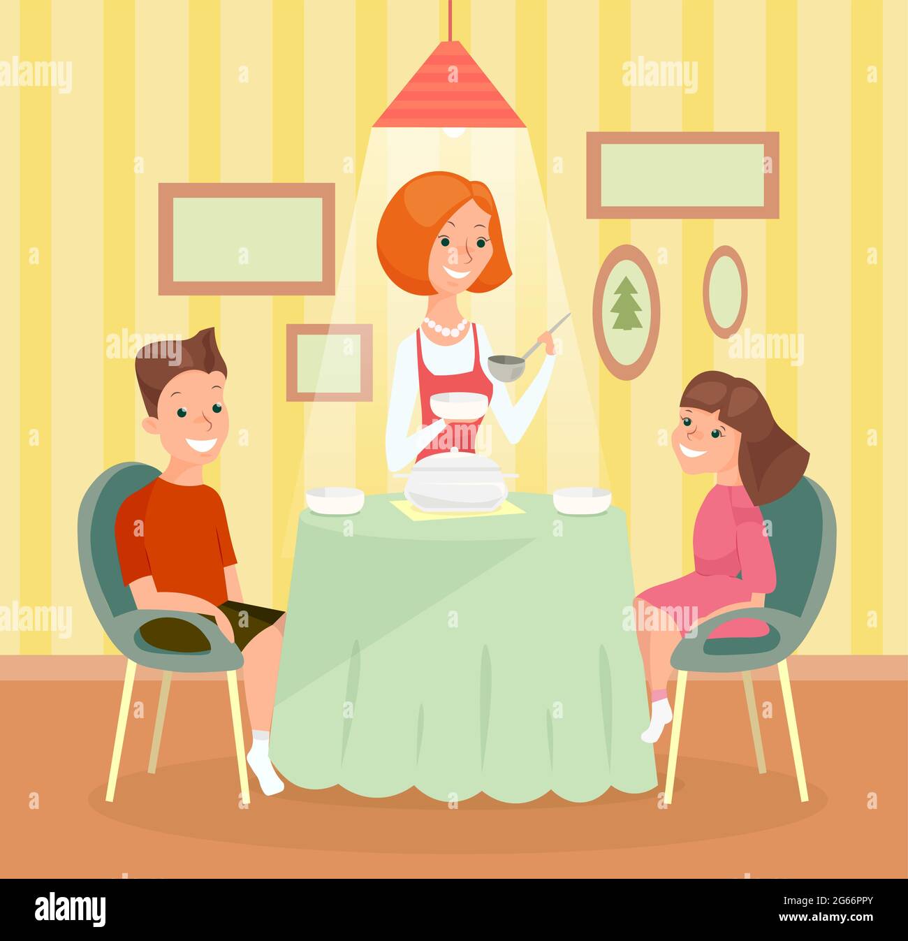 Illustration vectorielle du concept de repas familial. Mère , fils et ...