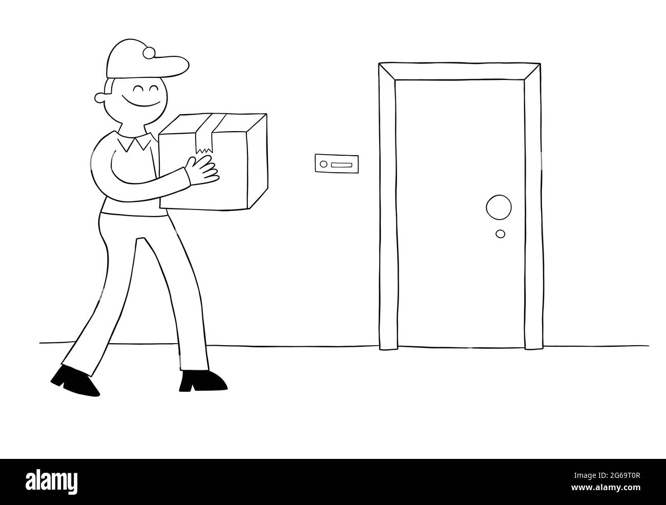 Le transporteur de dessin animé apporte le colis, illustration ...