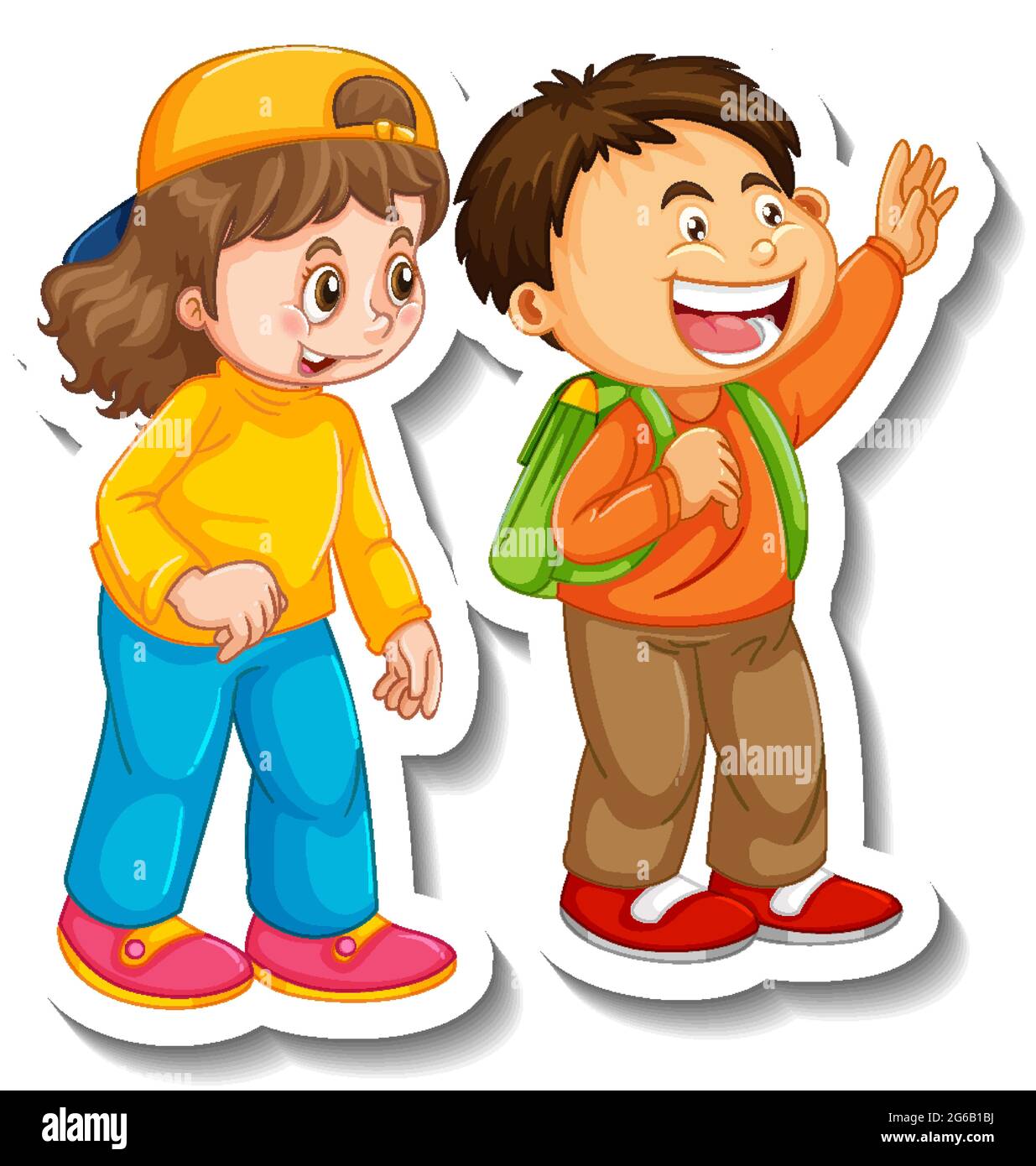 Modèle d'autocollant avec deux enfants élèves dessin animé personnage ...