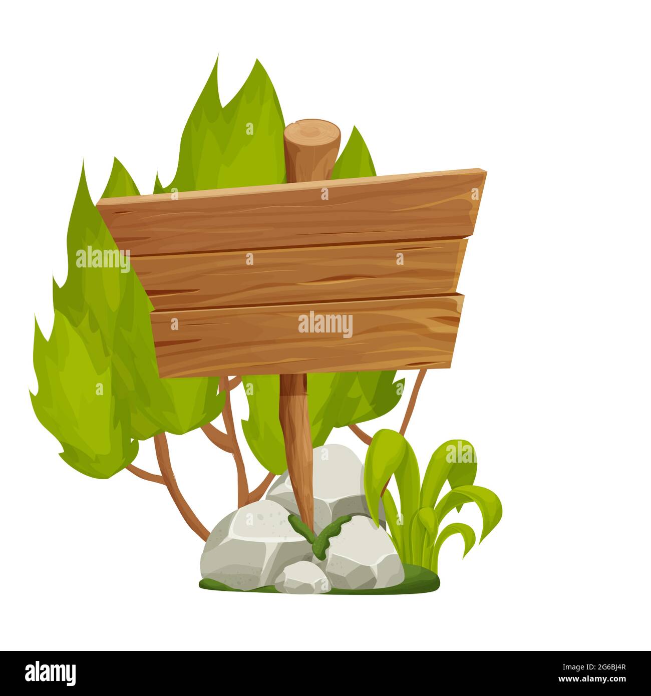 Pointeur en bois, panneau avec roche, pieu de pierre, mousse, herbe et ...