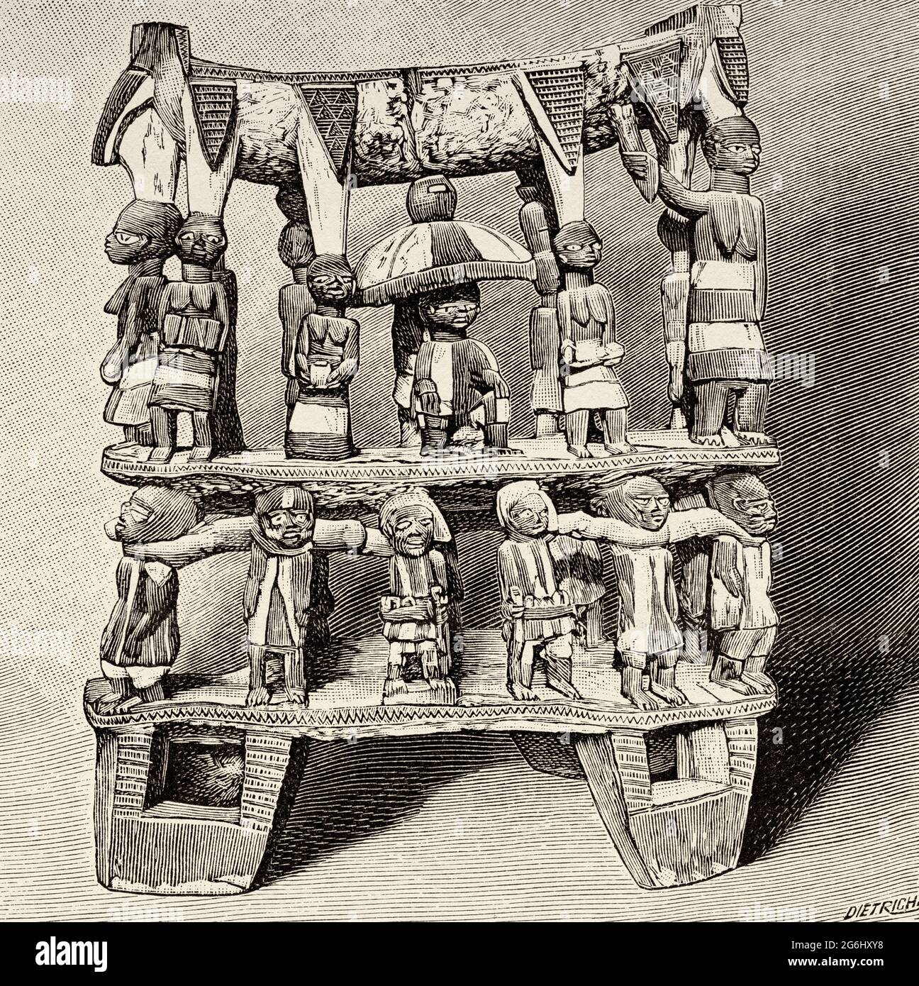 Le trône en bois sculpté du roi Behanzin, palais Abomey à Dahomey ...