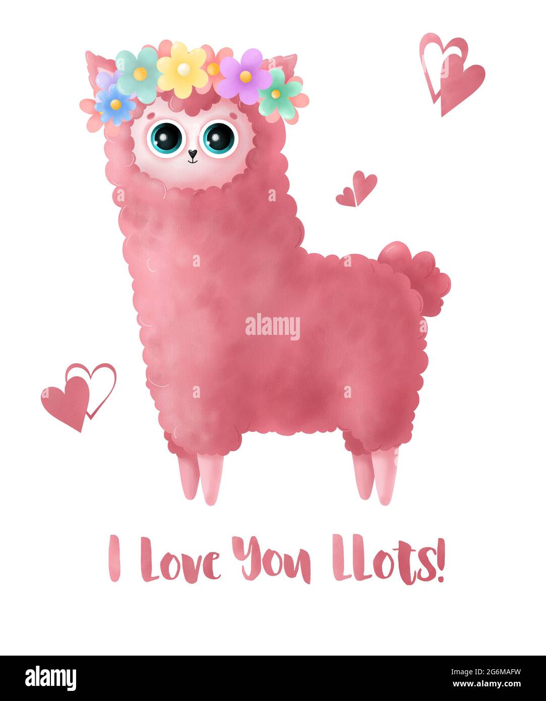 Joli lama rose avec une couronne de fleurs. Drôle de dessin animé llama ...