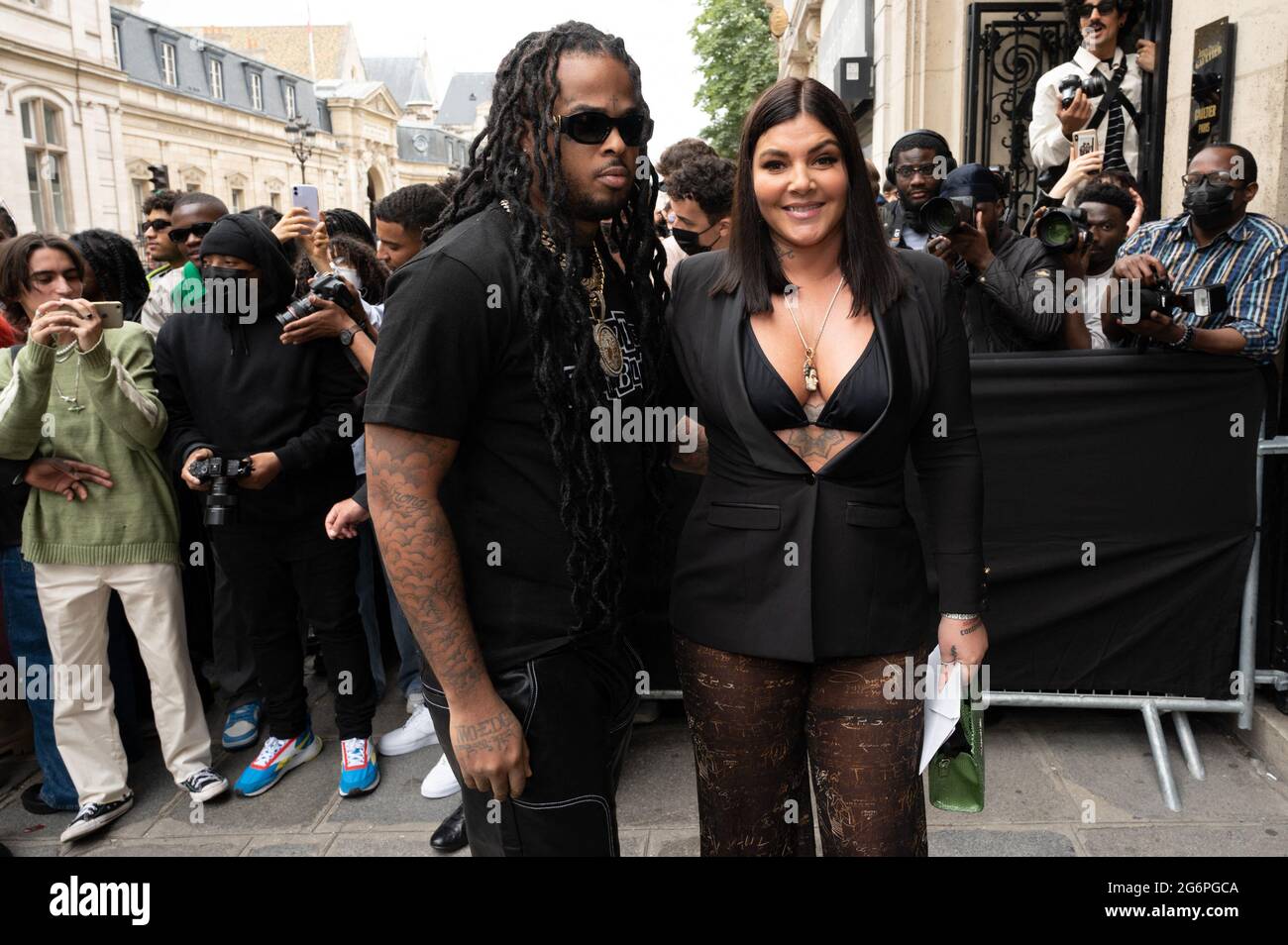 Paris, France. 7 juillet 2021.Kalash, Kevin Valleray et sa femme Clara ...