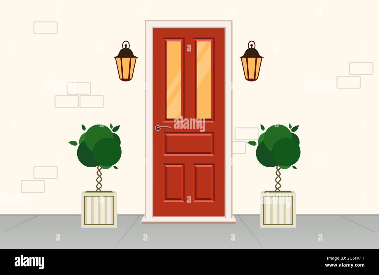 Façade du bâtiment, mur blanc avec porte rouge. Porte d'entrée rouge ...