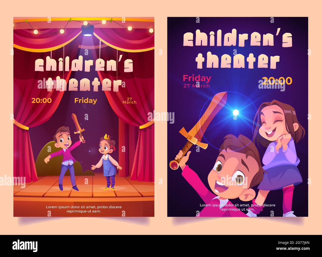 Des affiches de théâtre pour enfants avec des enfants jouent sur scène ...