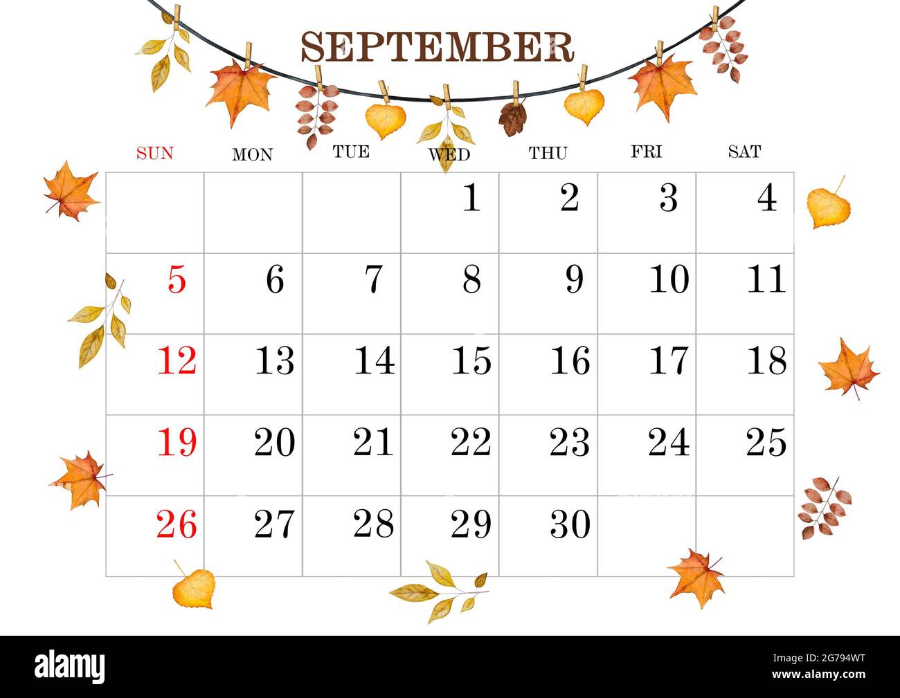 Page du calendrier pour le mois de septembre. Gros plan, vue de dessus ...