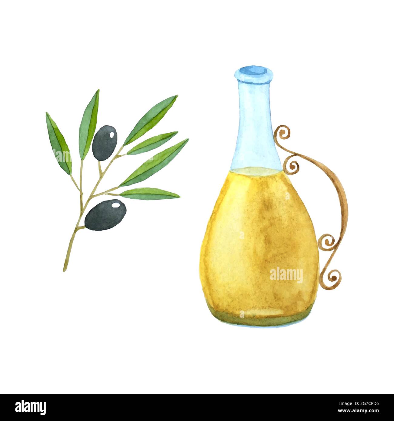 Aquarelle dessin à la main d'une bouteille d'huile d'olive, une branche avec des olives, un ...
