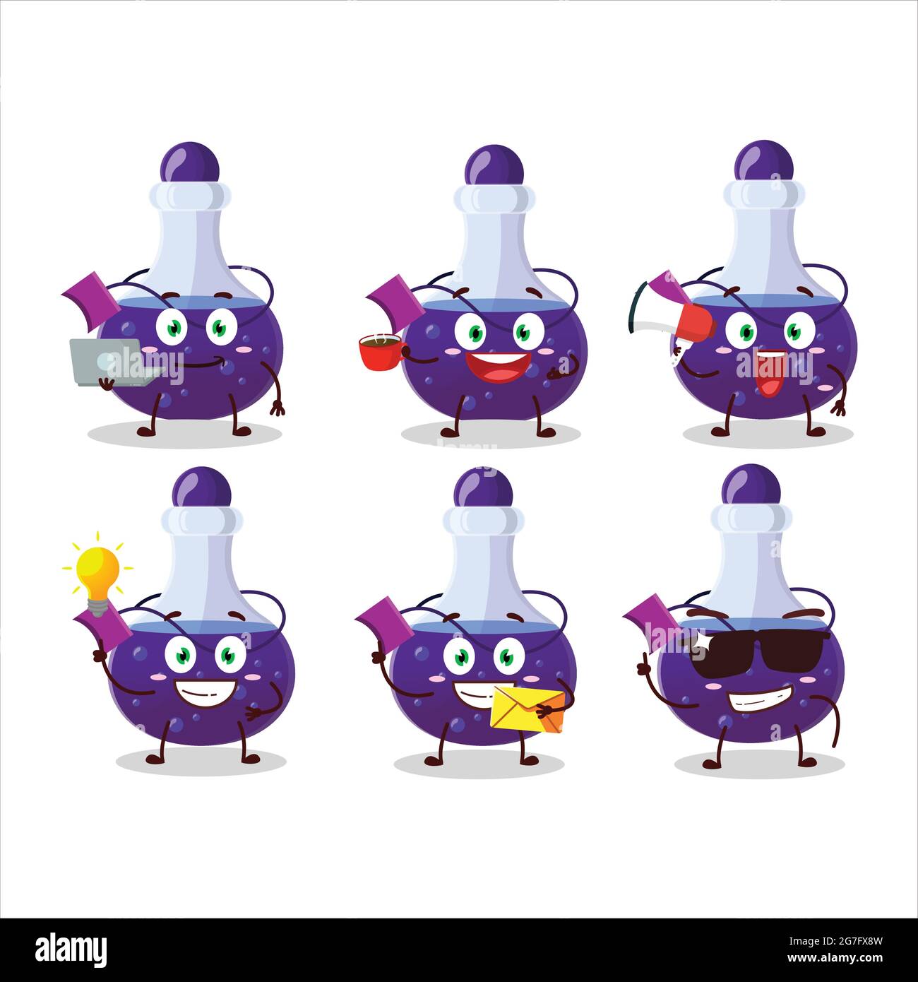Violet magie potion personnage de dessin animé avec différents types d ...