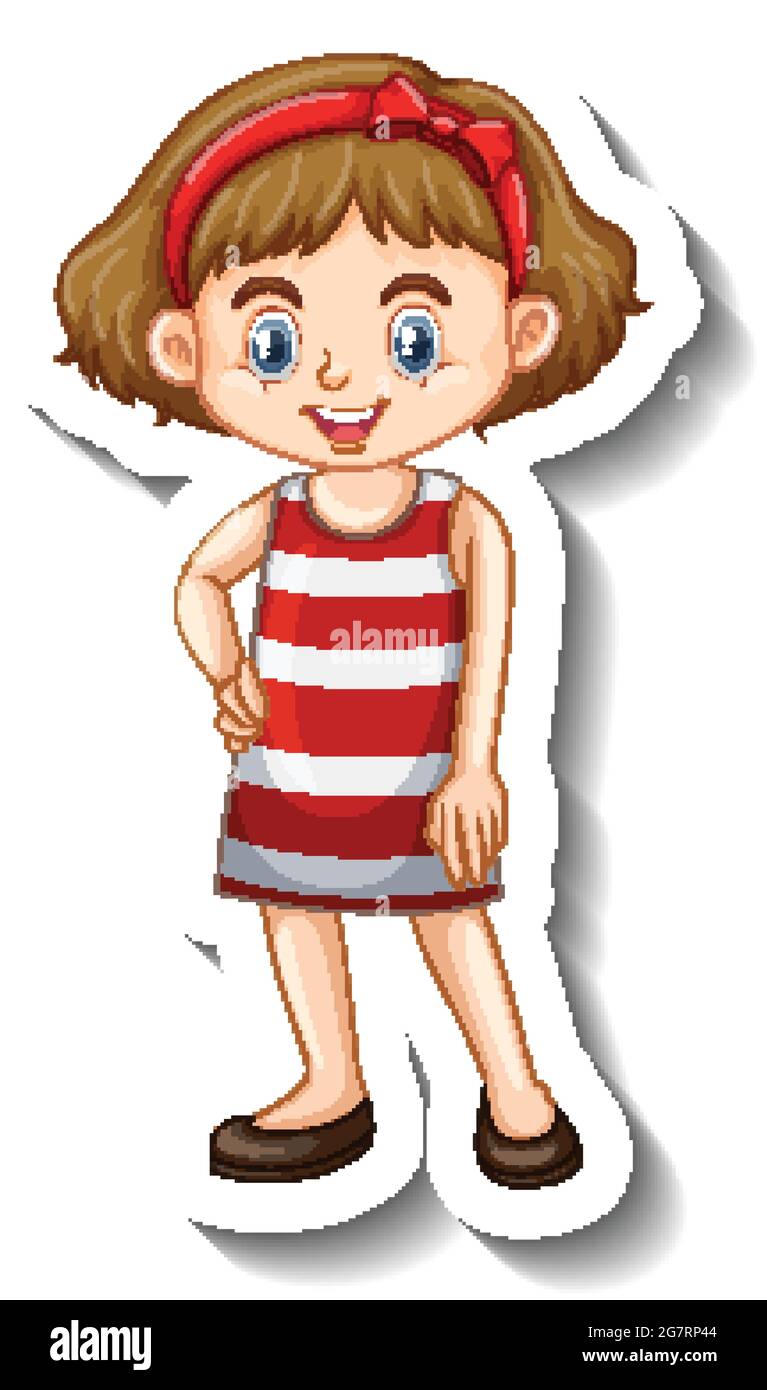 Petite fille en rouge robe dessin animé personnage autocollant ...