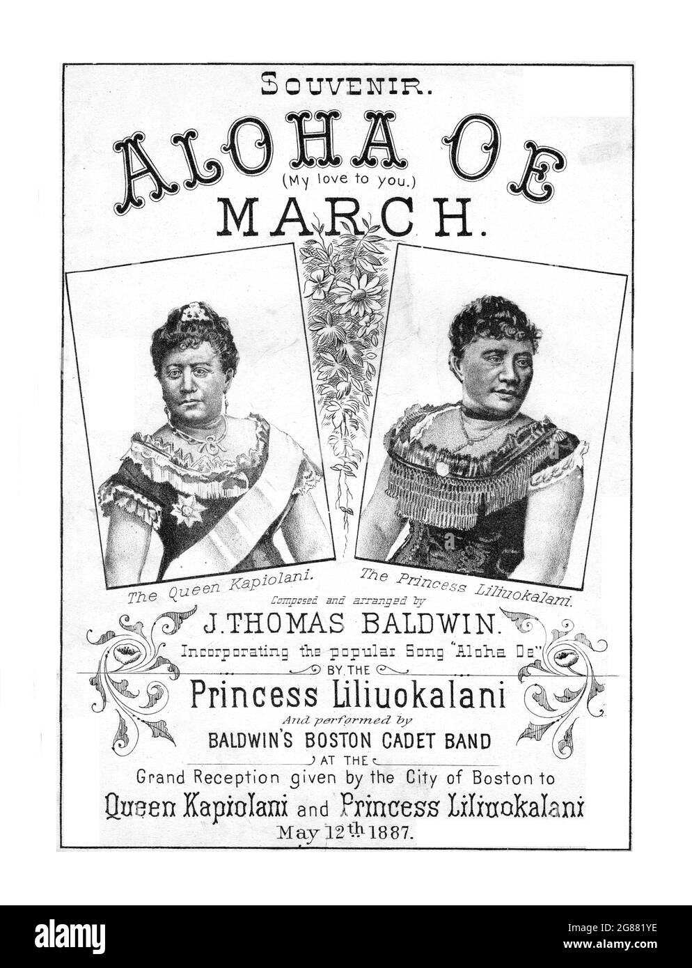 Aloha OE Mach, 1887 Early Sheet Music présentant des portraits de la ...