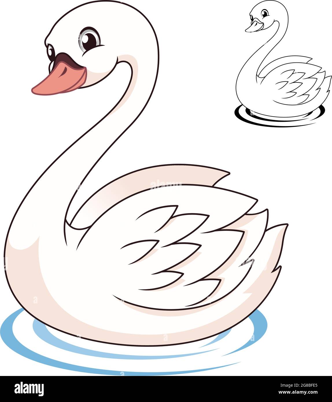 Magnifique cygne blanc natation dans l'eau avec dessin d'art de ligne ...