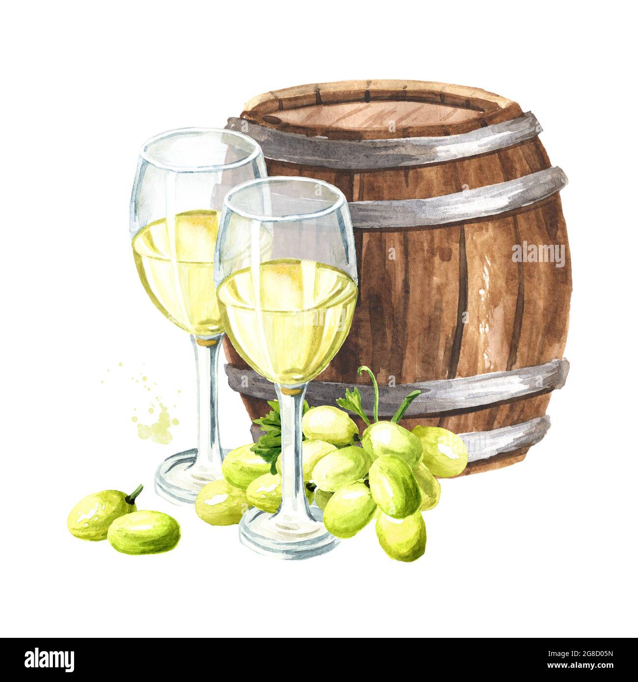 Verres à vin blanc avec feuilles de vigne et baies de raisin et fût en ...