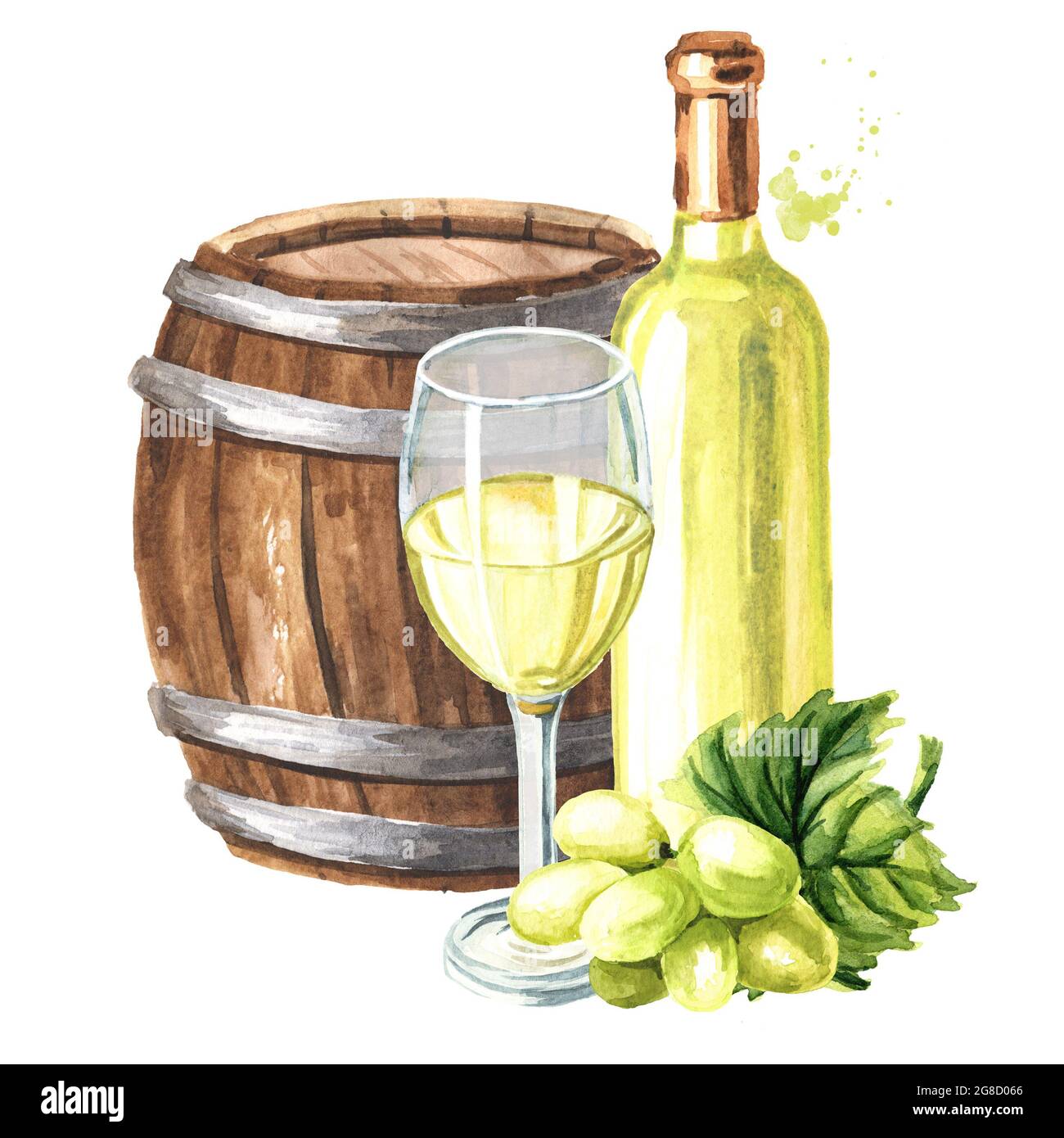 Bouteille et verre de vin blanc avec feuilles de vigne et baies de ...