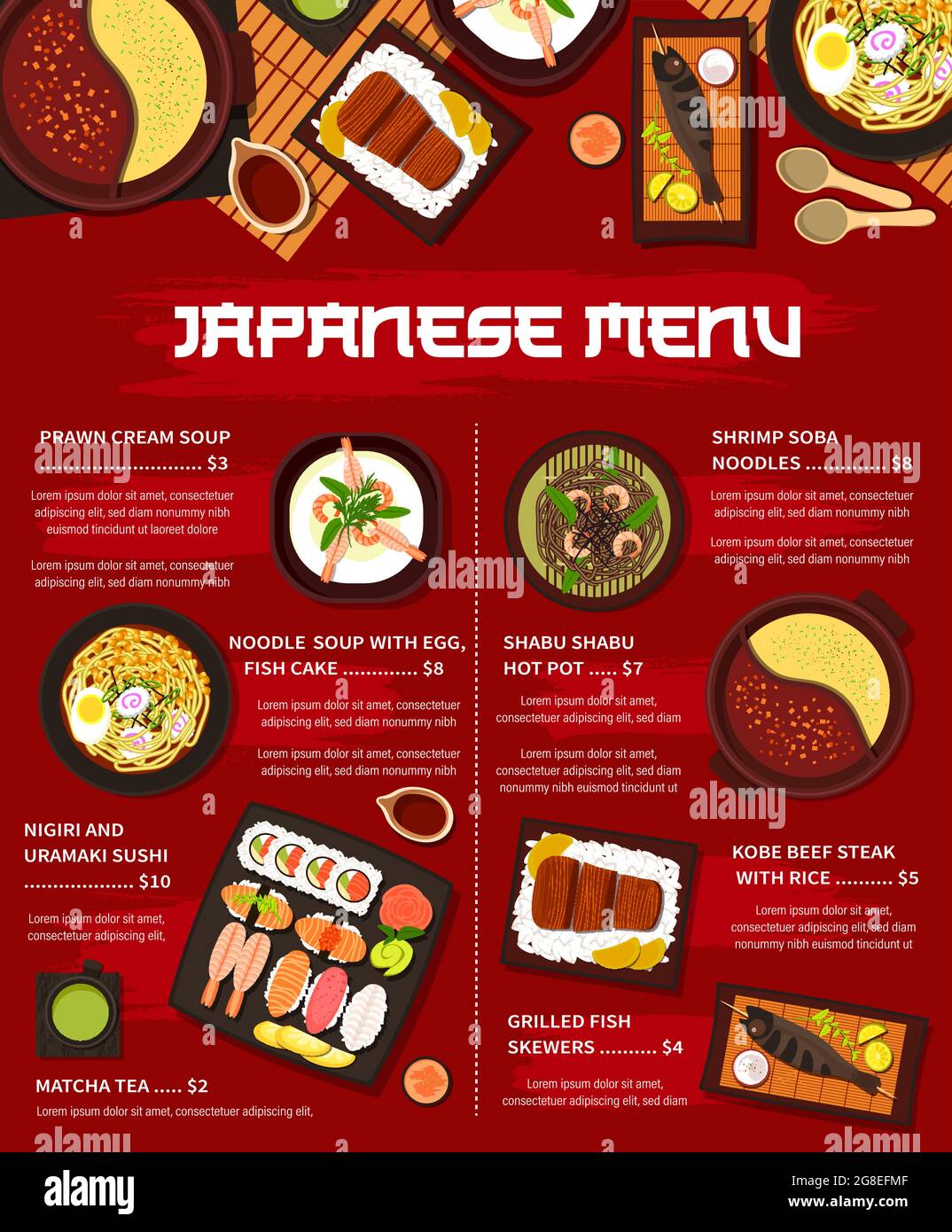 Cuisine japonaise menu vectoriel brochettes de poisson grillées, sushis ...