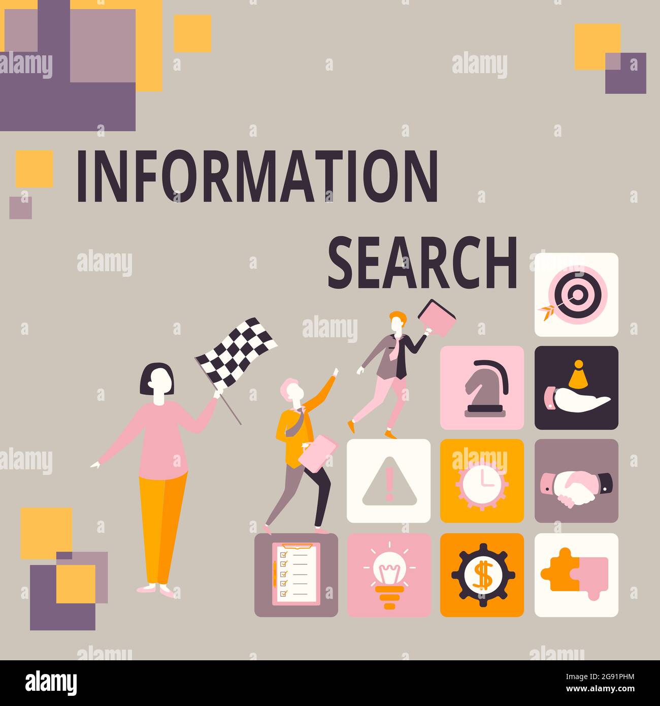 Affiche textuelle indiquant la recherche d'informations. Les mots ...