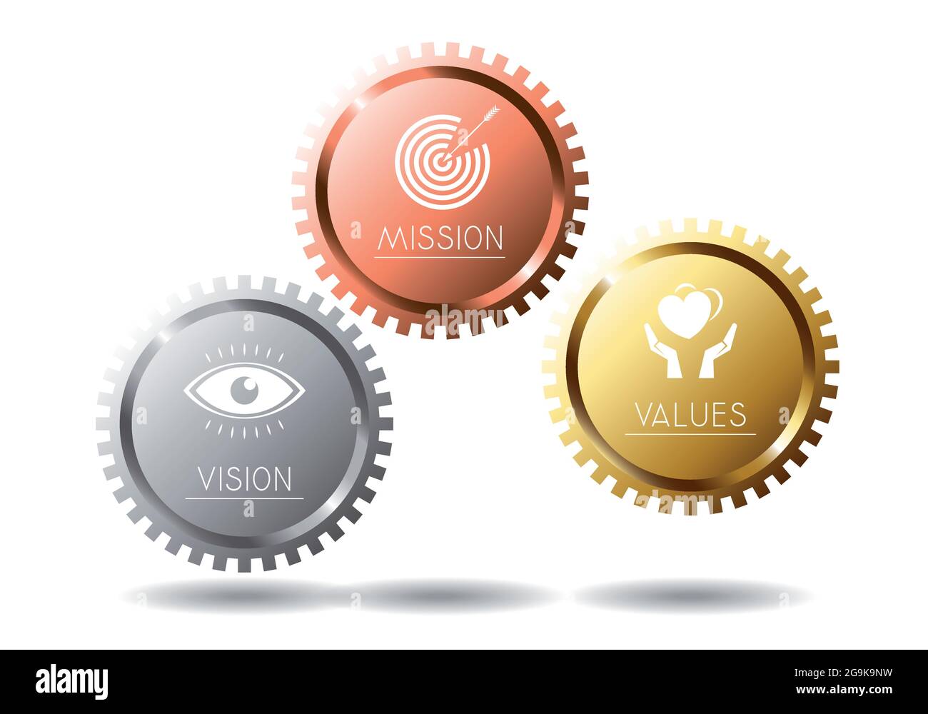 Mission, vision, concept de valeurs - trois icônes - illustration ...