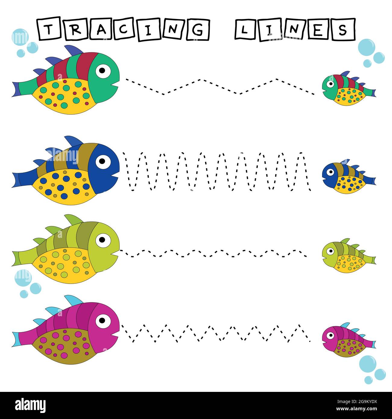 Jeu de lignes de traçage avec poissons drôles. Feuille de travail pour ...