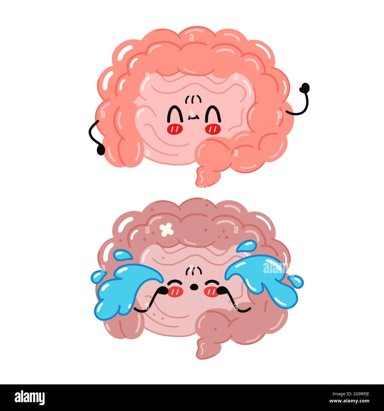 Mignon drôle et triste personnage d'organe d'intestin. Icône d ...