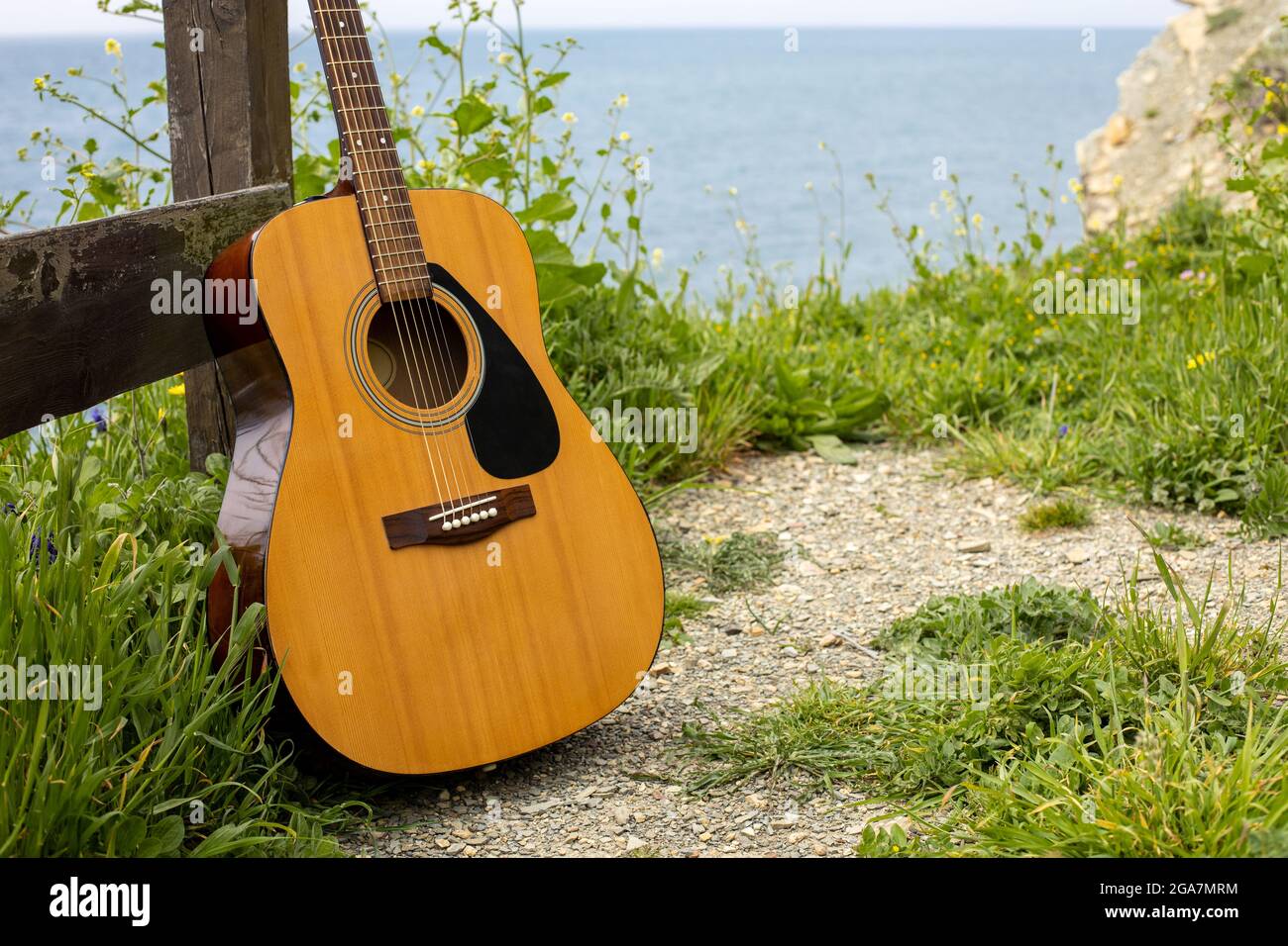 guitare acoustique se tient près de la clôture dans l'herbe verte sur ...
