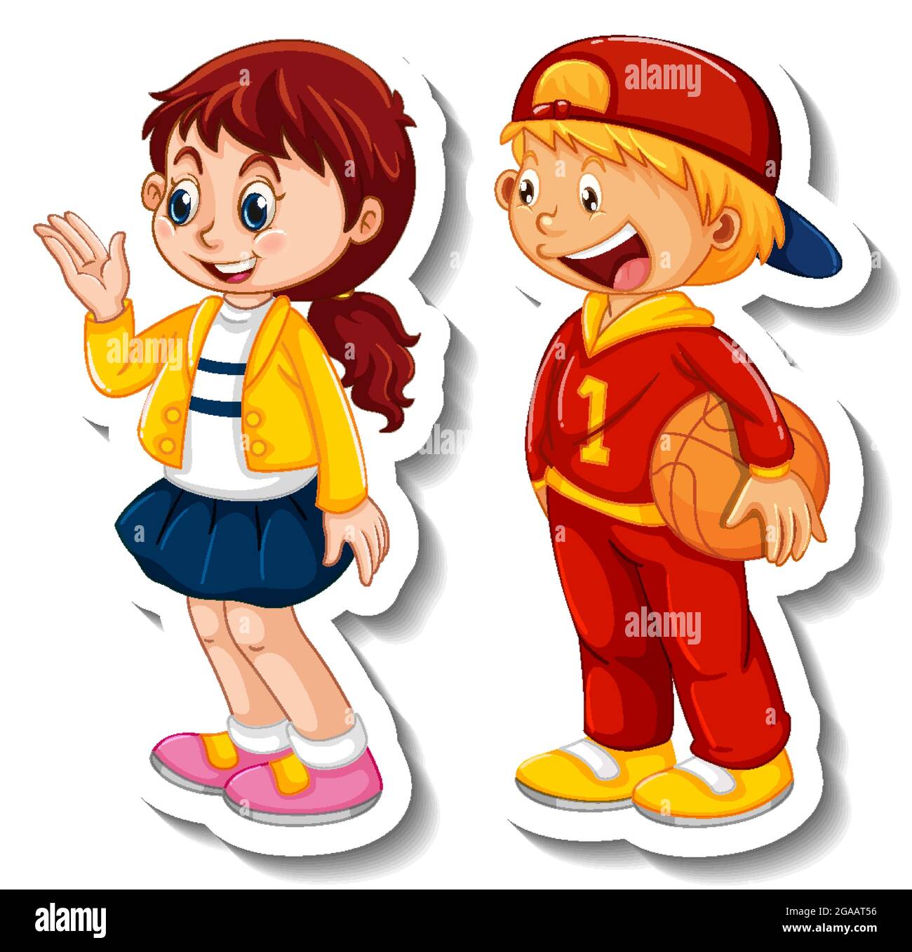 Modèle d'autocollant avec deux enfants élèves dessin animé personnage ...