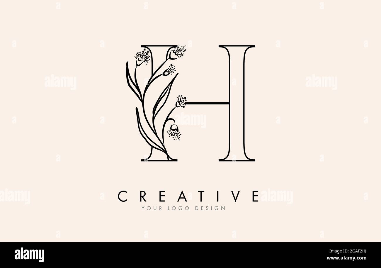 Logo lettre H Black Outline avec illustration vectorielle de fleurs ...