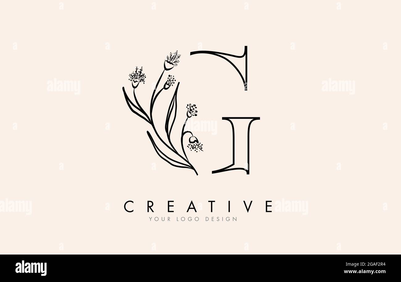 Logo lettre G Black Outline avec illustration vectorielle de fleurs ...