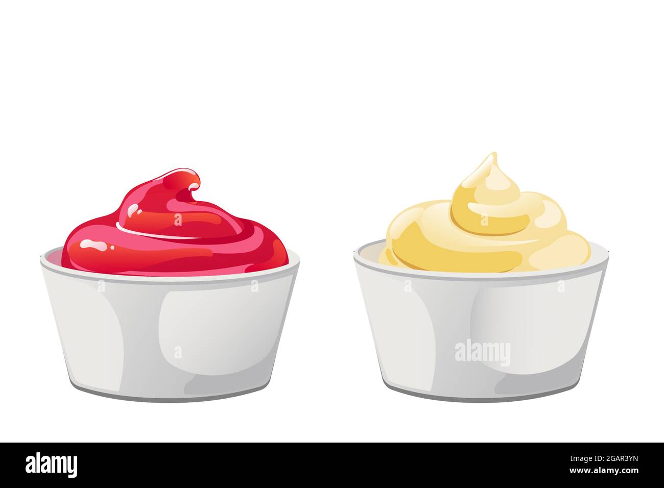 Ketchup et mayonnaise dans le bol, vue avant. Illustration vectorielle ...