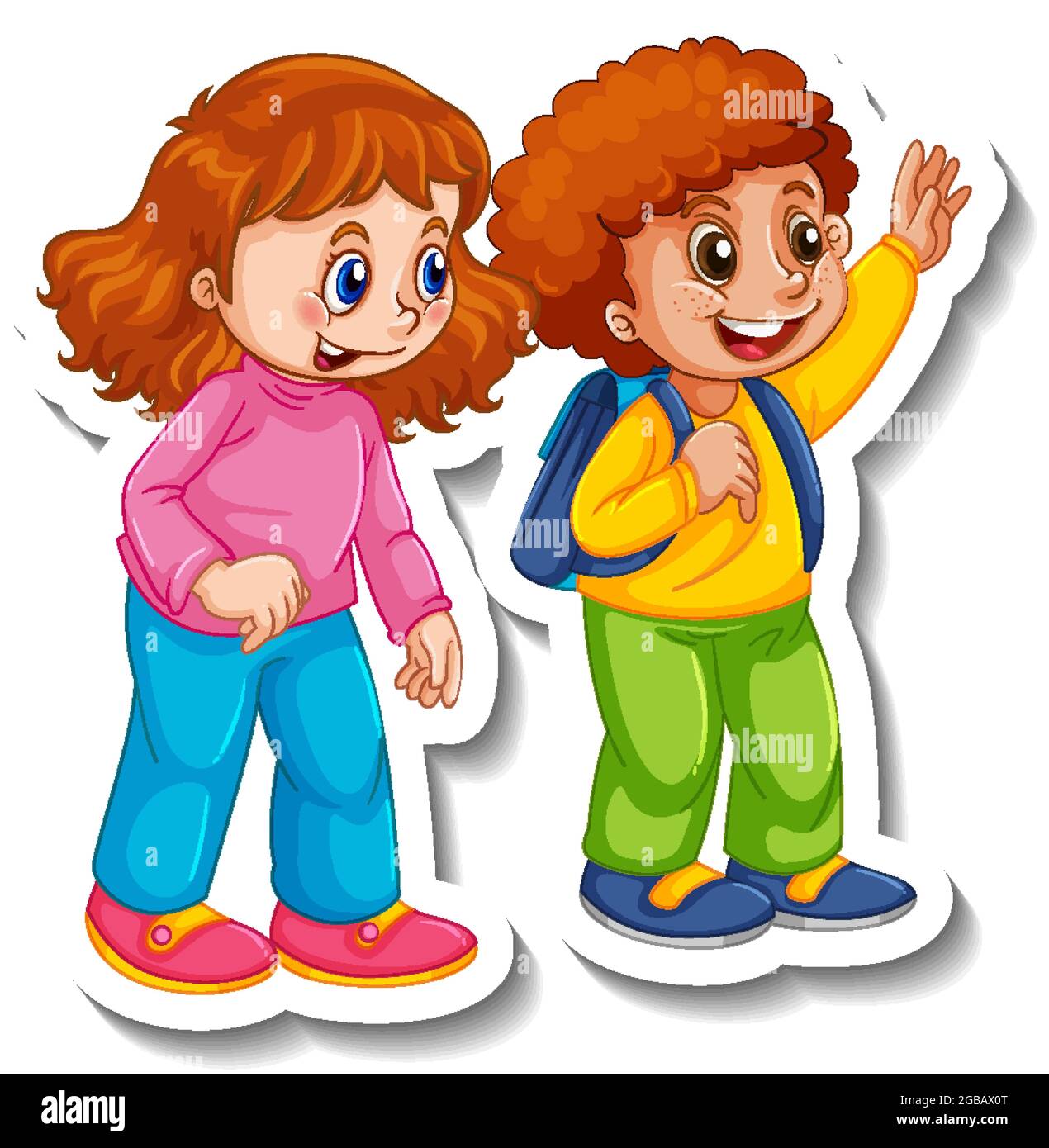 Modèle d'autocollant avec deux enfants élèves dessin animé personnage ...