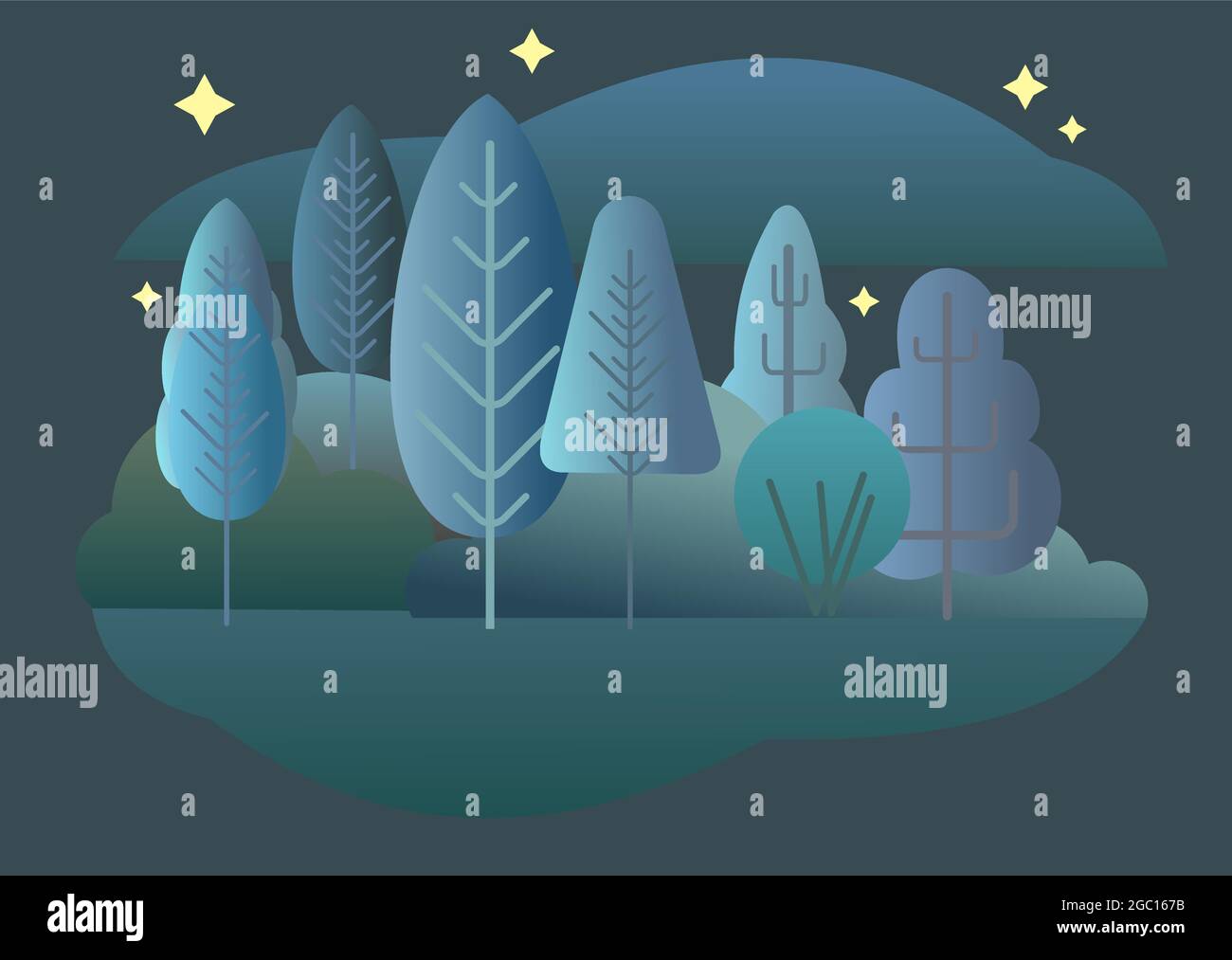 Forêt nocturne. Illustration symbolique de style dessin animé plat ...