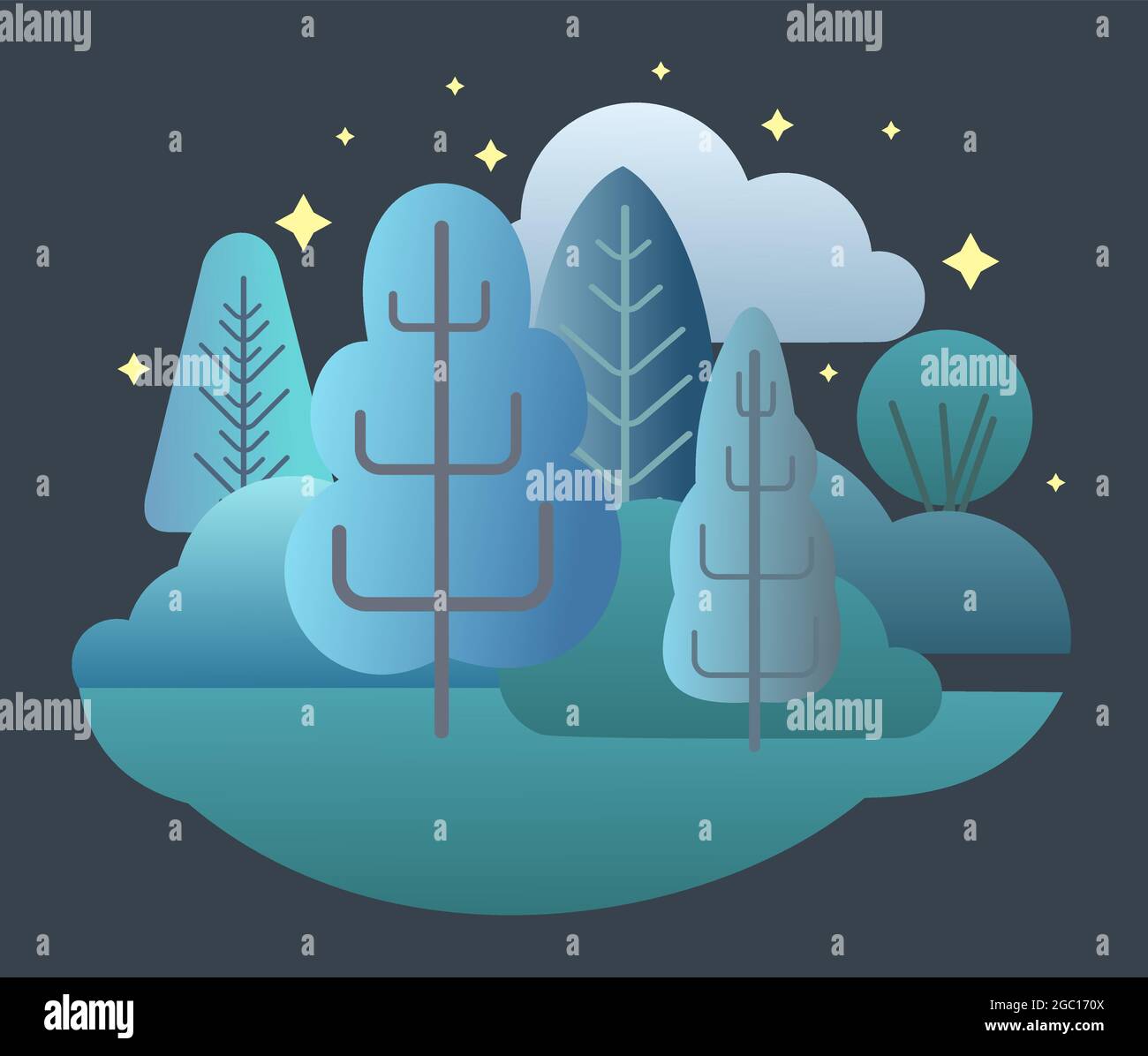 Forêt nocturne. Illustration symbolique de style dessin animé plat ...