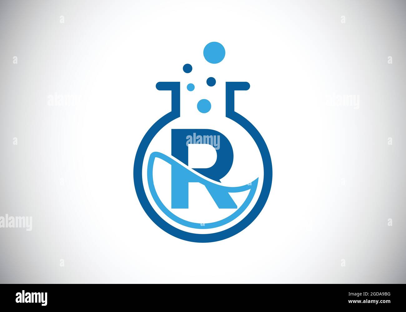 Lettre R monogramme initiale avec verre de laboratoire, liquide ...