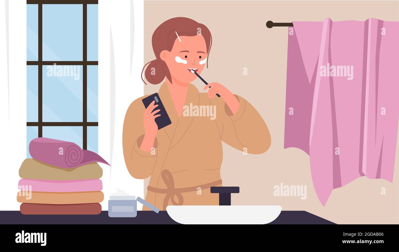 Fille se brossant les dents avec le dentifrice dans la salle de bains à ...