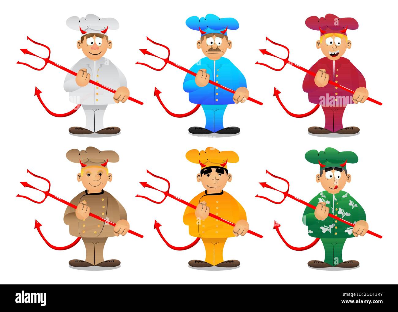 Chef de dessin animé mâle gras en uniforme diable avec fourche ...