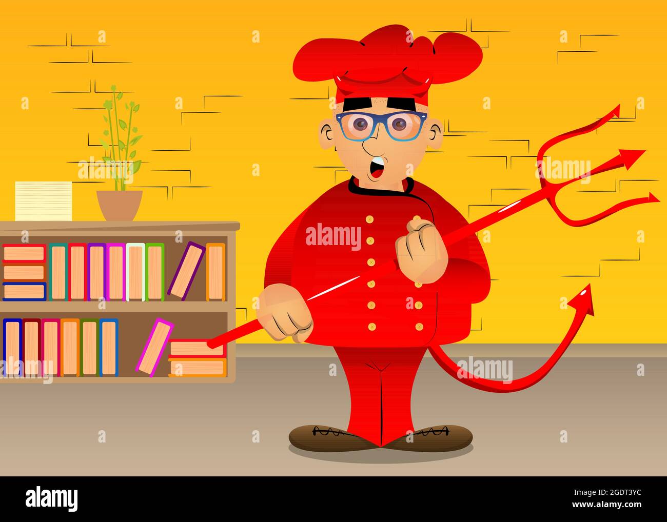 Chef de dessin animé mâle gras en uniforme diable avec fourche ...